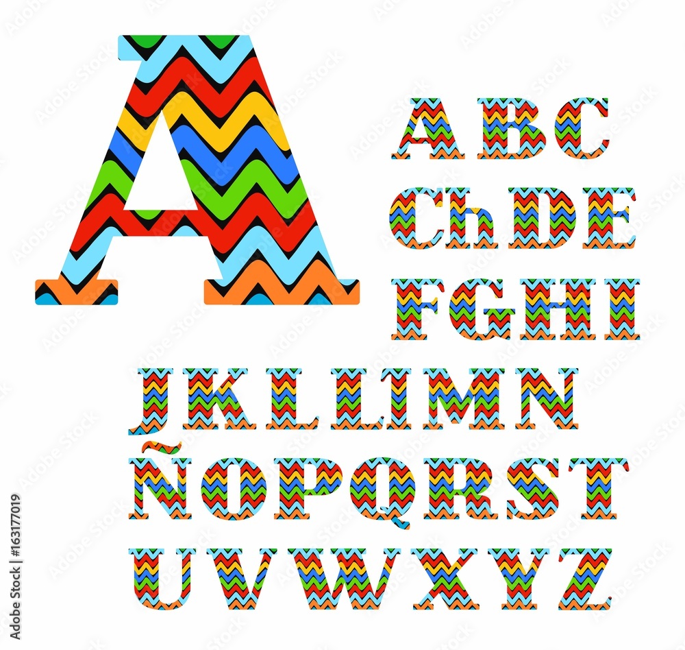 Spanish alphabet, colorful zigzag, vector. Capital letters with serifs ...