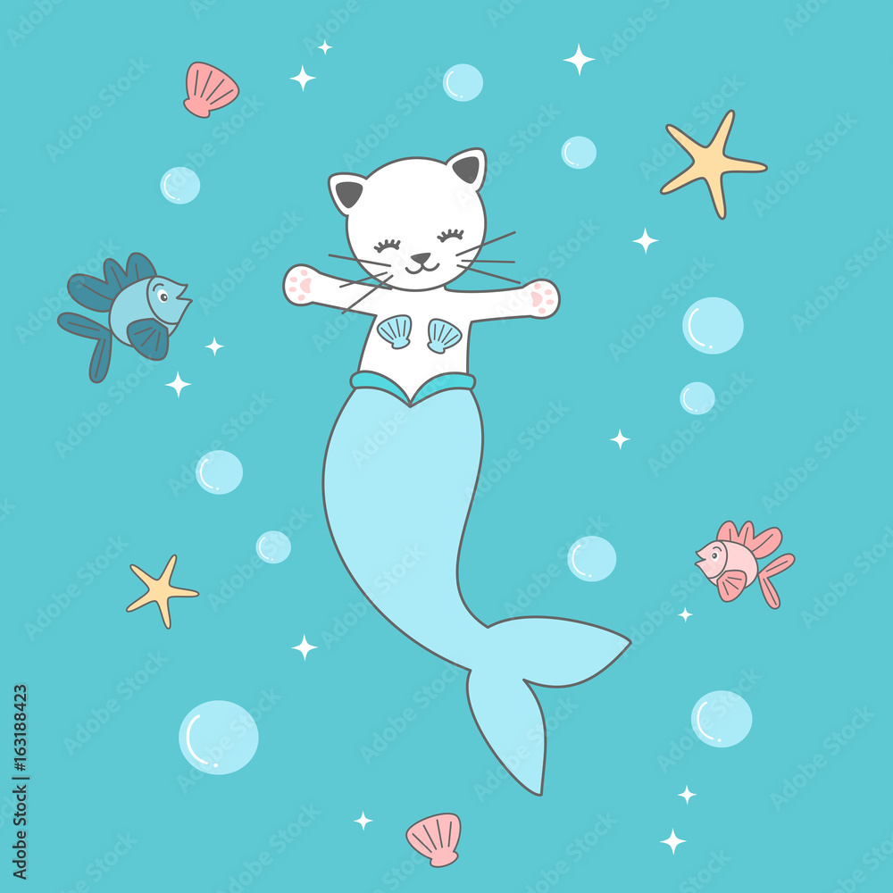cute cartoon mermaid cat under the sea vector funny illustration Stock ...