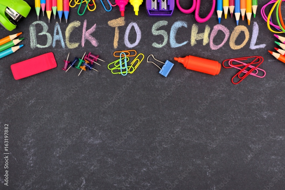 School supplies top border with Back To School written in colorful ...