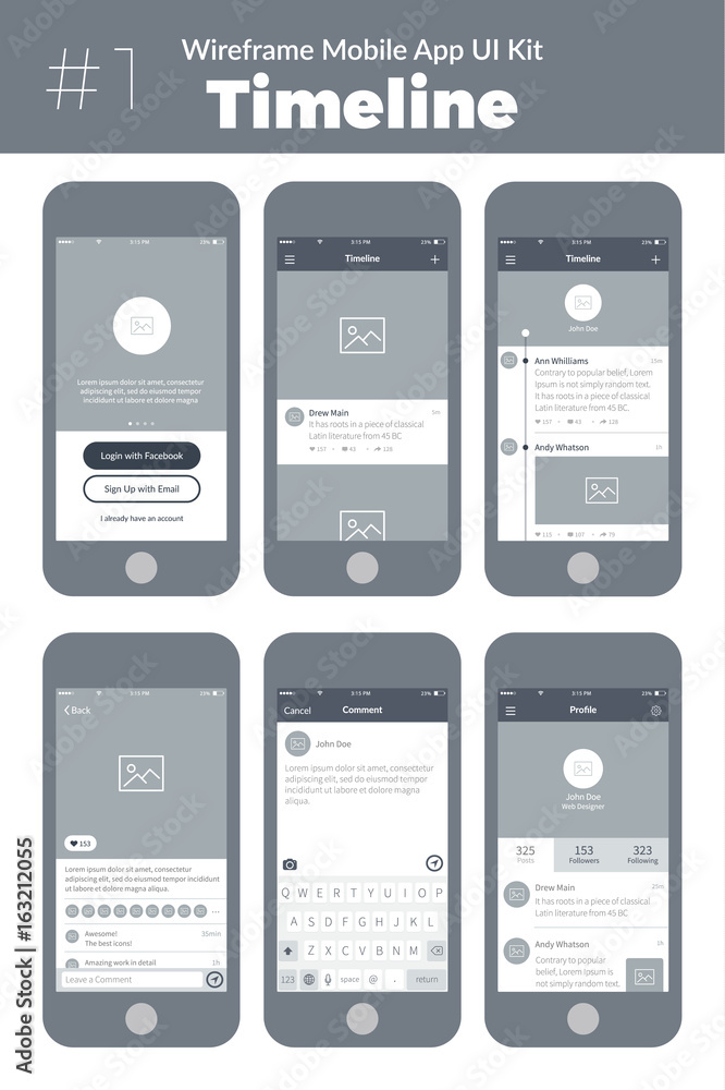 Wireframe UI kit for mobile phone. Mobile App Timeline. Feed, post ...