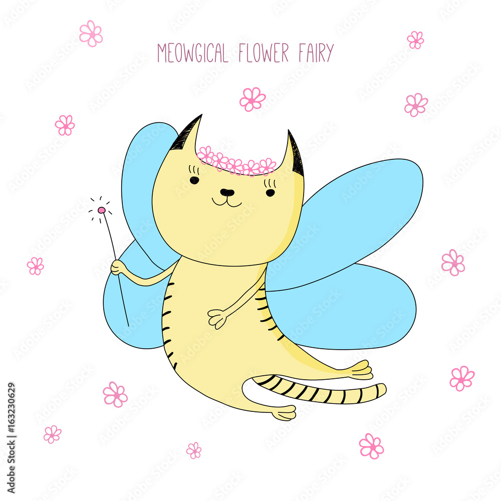 Hand drawn vector doodle of cute funny fairy cat with wings and magic ...