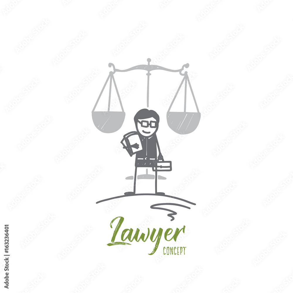 Lawyer concept. Hand drawn young lawyer business man working with ...