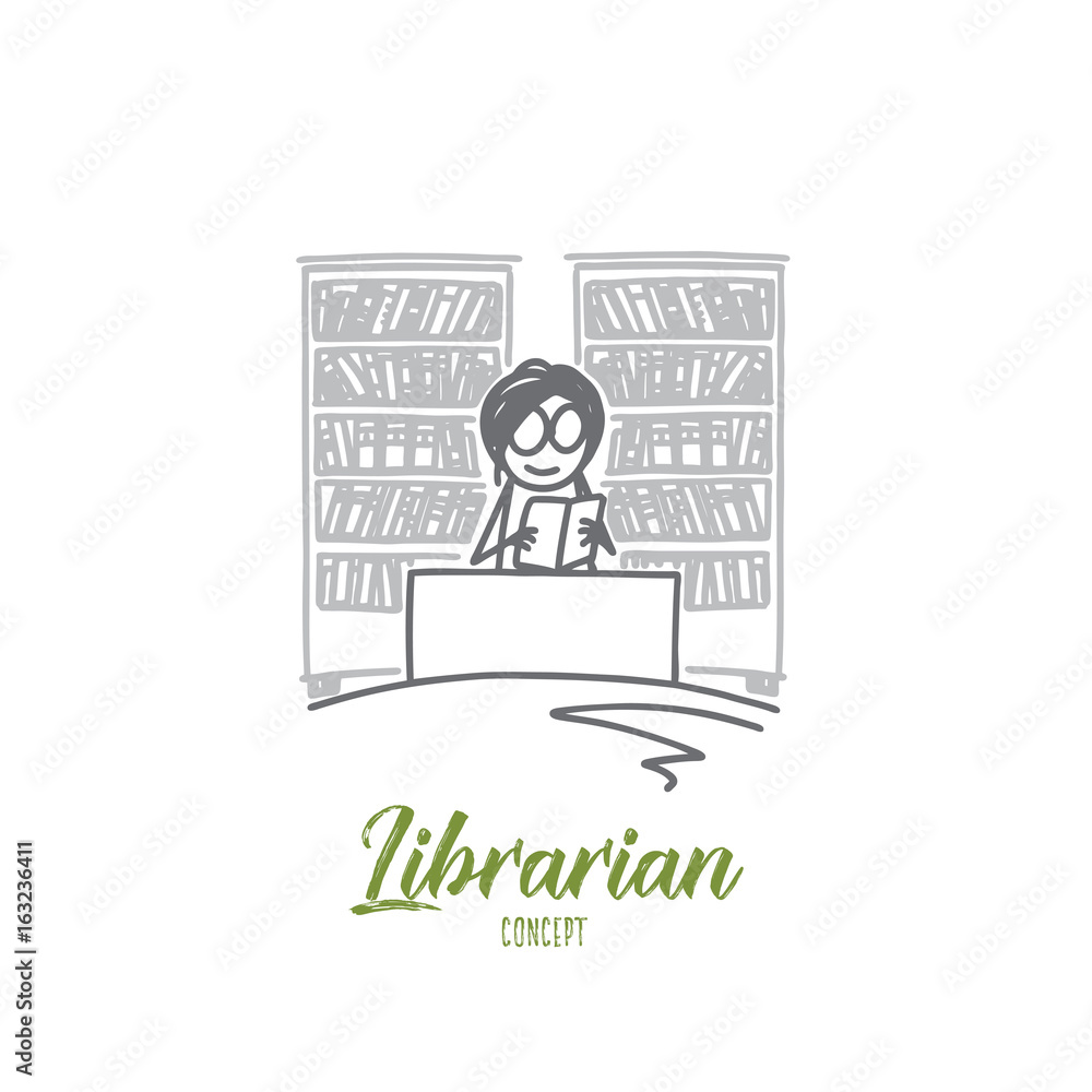 Librarian concept. Hand drawn female librarian in the library. Woman ...