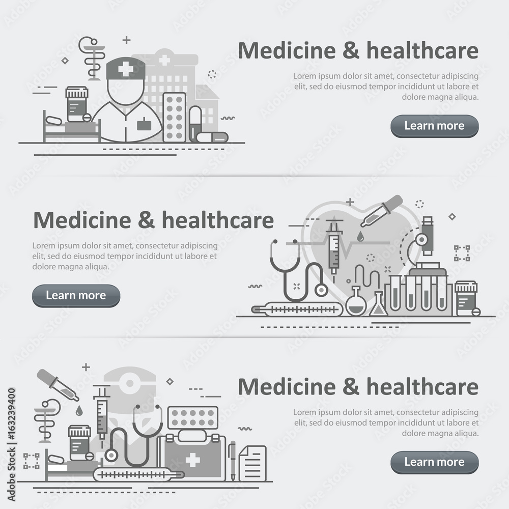 Flat line vector design concept banner templates set of medicine and ...