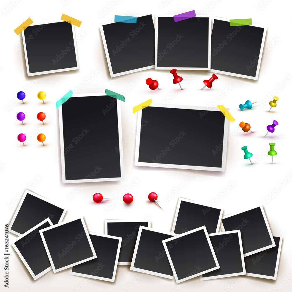 Collection of Square frame template with shadows and push pins. Photo ...