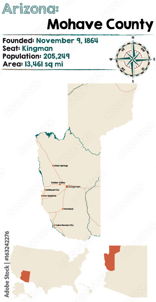 Large and detailed map of Mohave county in Arizona. Stock Vector ...