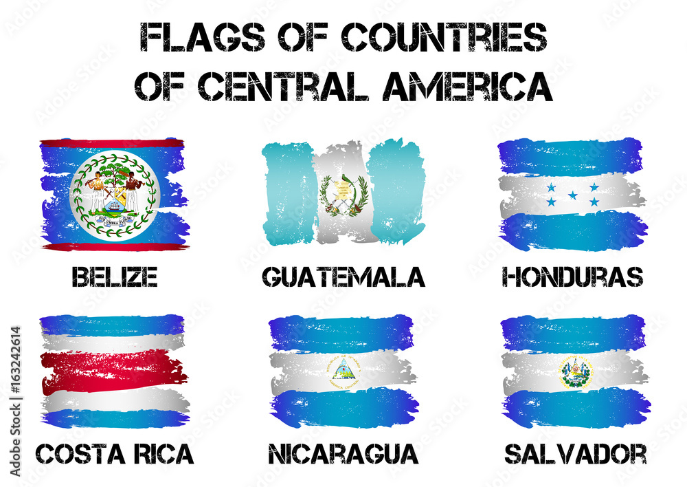 Set of flags of Central America countries from brush strokes in grunge ...