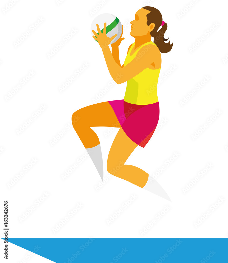 young girl athlete playing netball and throws a ball in a jump Stock ...