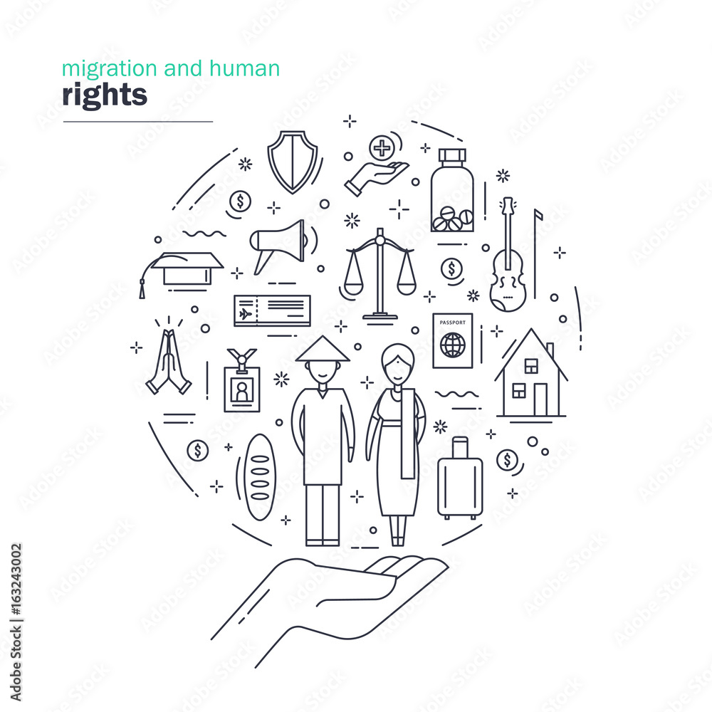 Migration and human right. Modern thin line design including symbols of ...