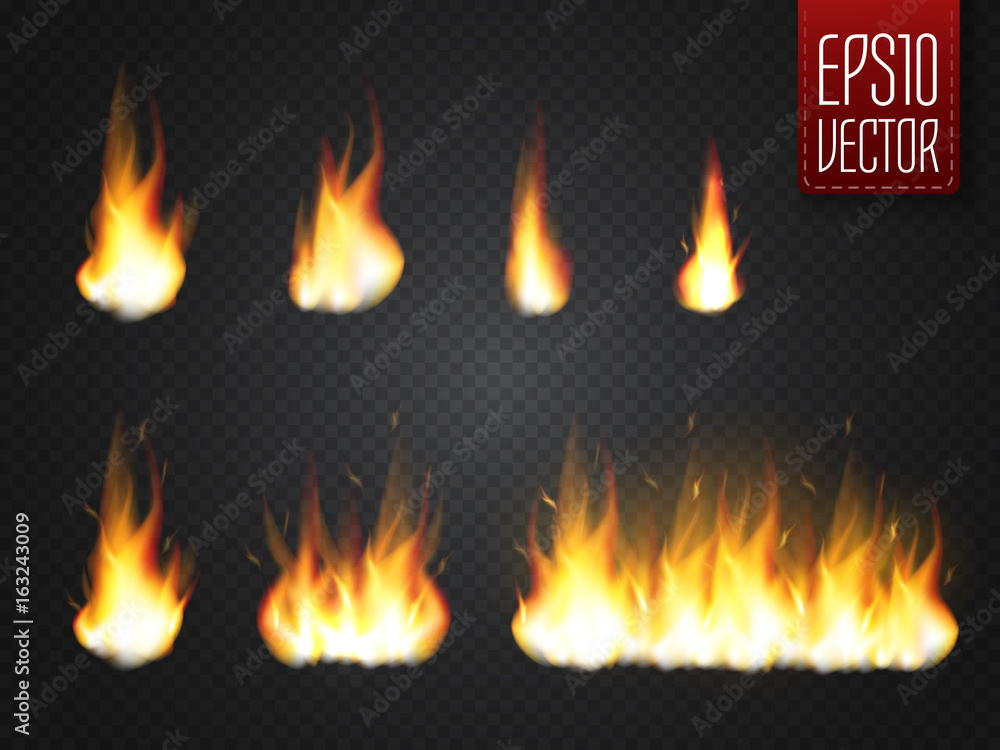 Fire flames isolated on transparent background. Vector realistic ...