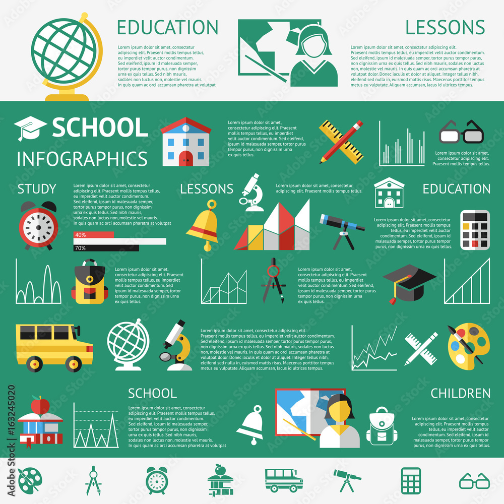 Digital vector green school icons with drawn simple line art info ...