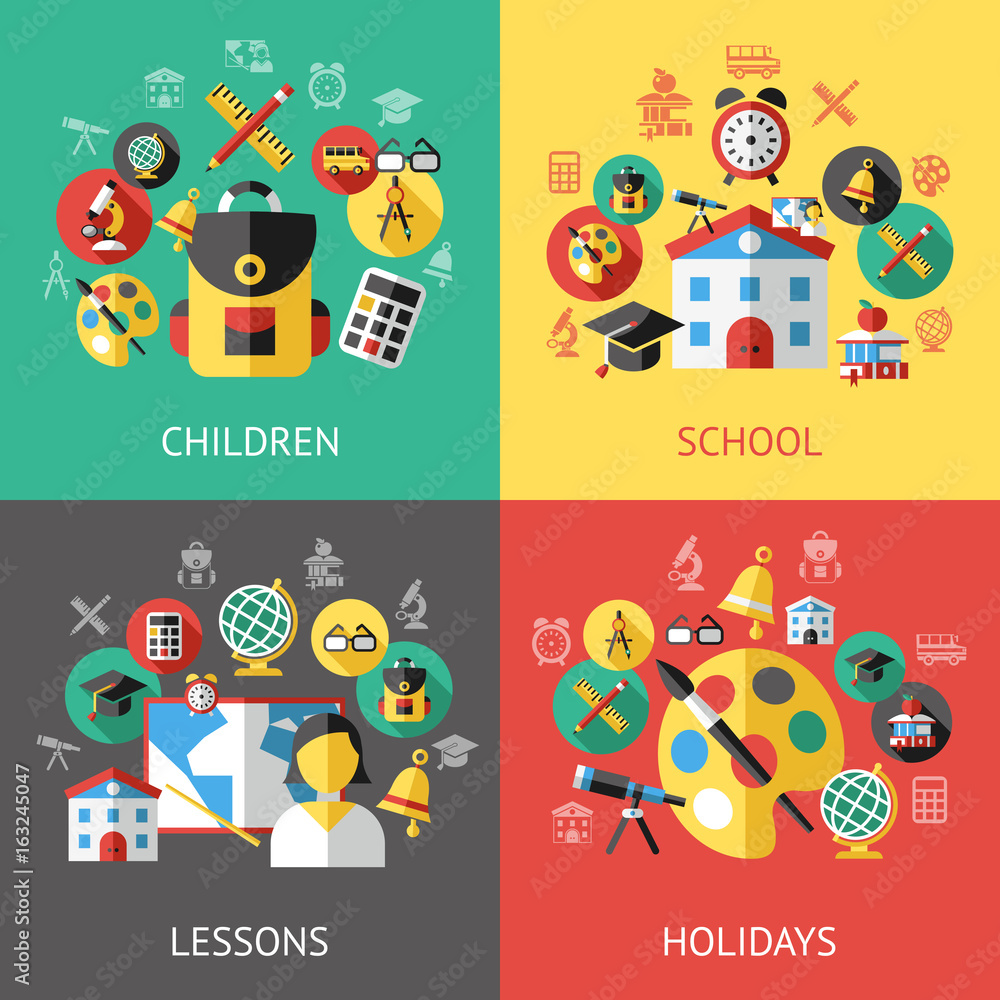 Digital vector green yellow black school icons with drawn simple line ...