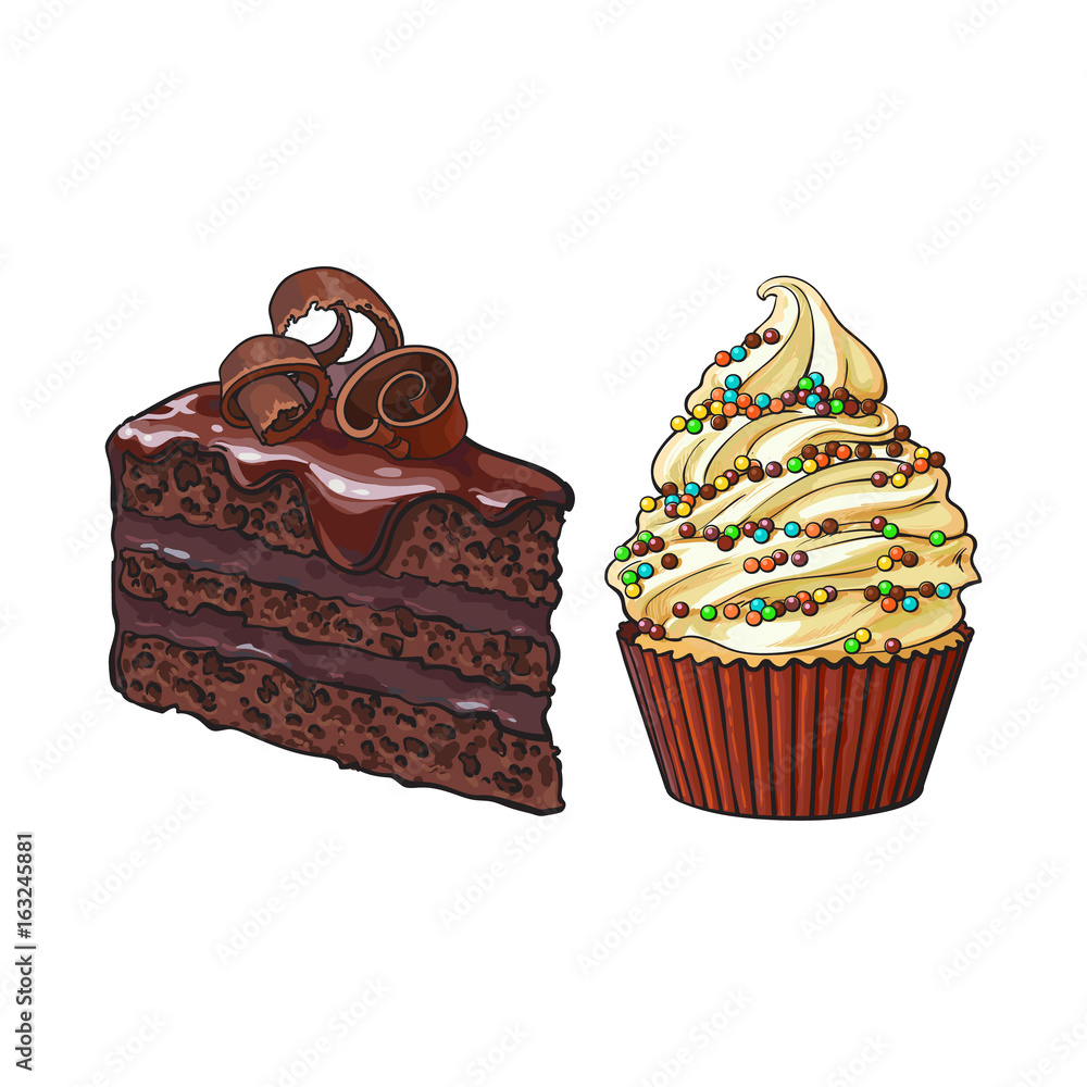 Hand drawn desserts - cupcake and piece of layered chocolate cake ...