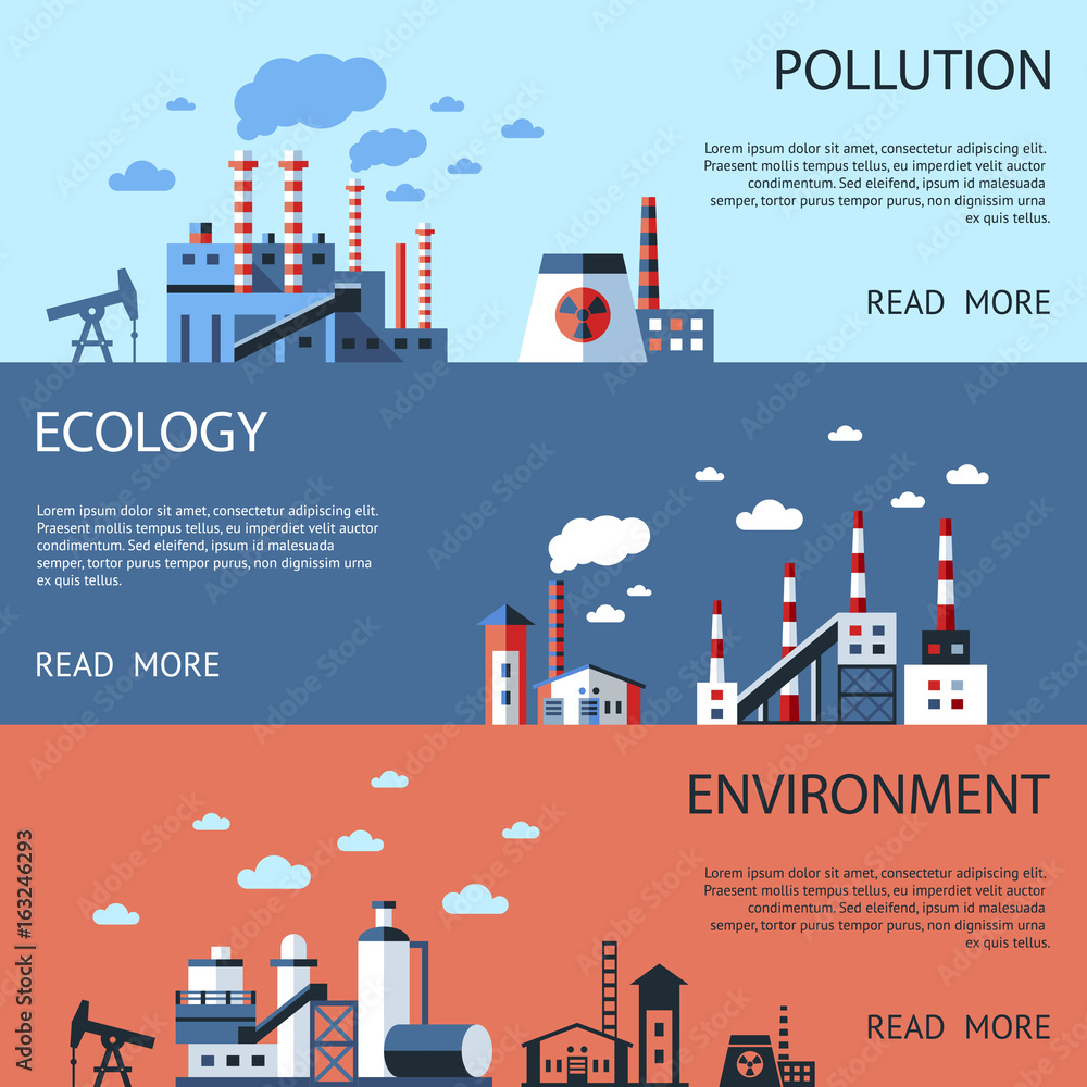 Digital vector blue factory pollution icons with drawn simple line art ...
