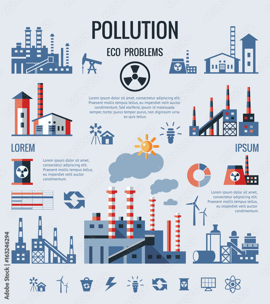 Digital vector blue factory pollution icons with drawn simple line art ...