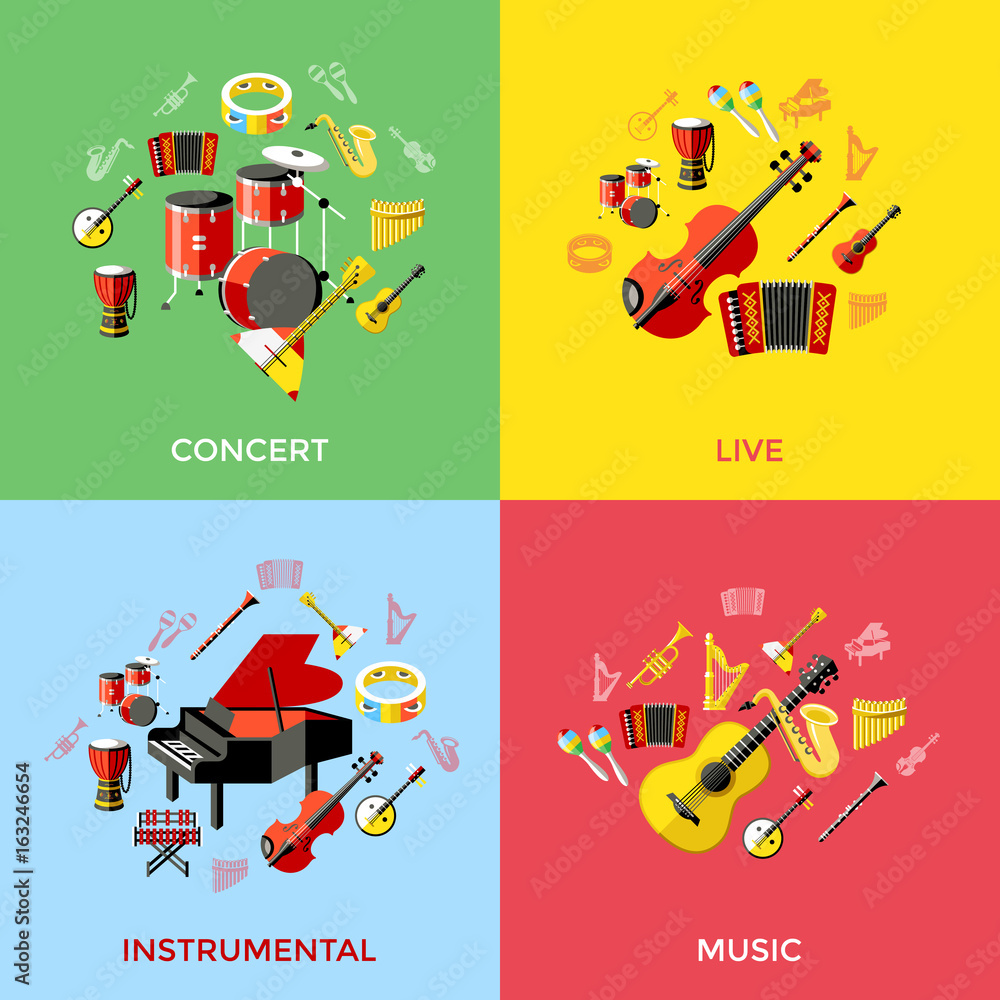 Digital vector green music instruments icons with drawn simple line art ...