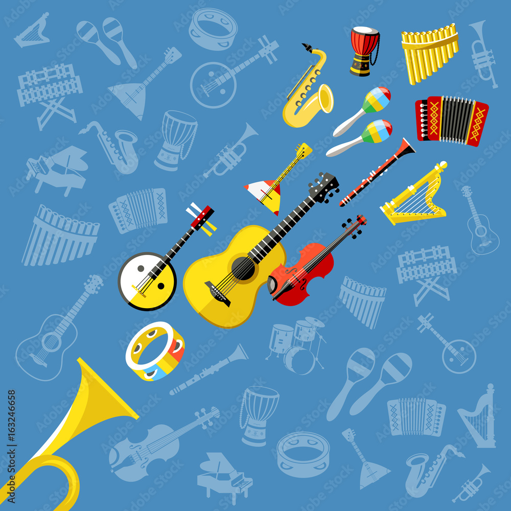 Digital vector blue music instruments icons with drawn simple line art ...
