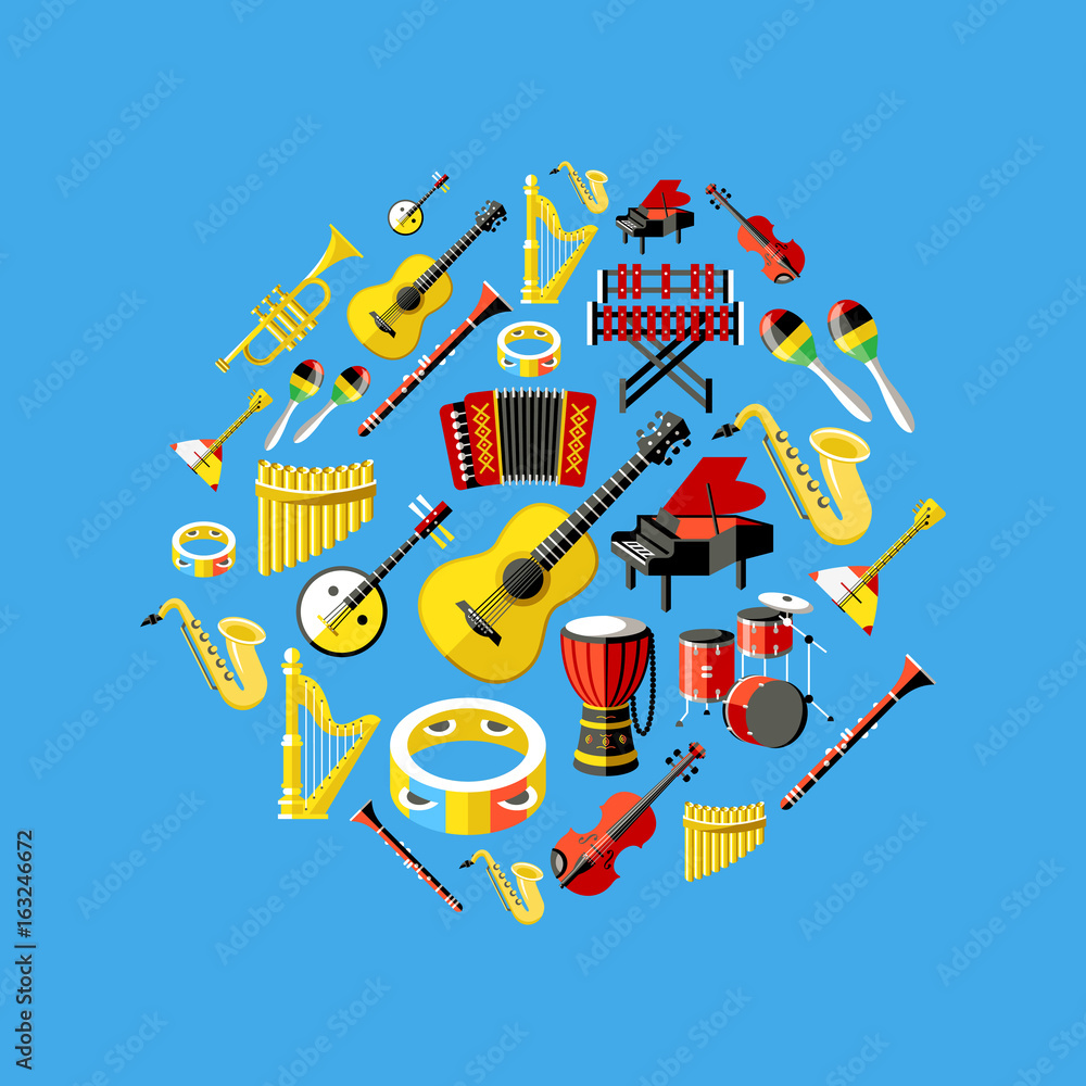 Digital vector blue music instruments icons with drawn simple line art ...