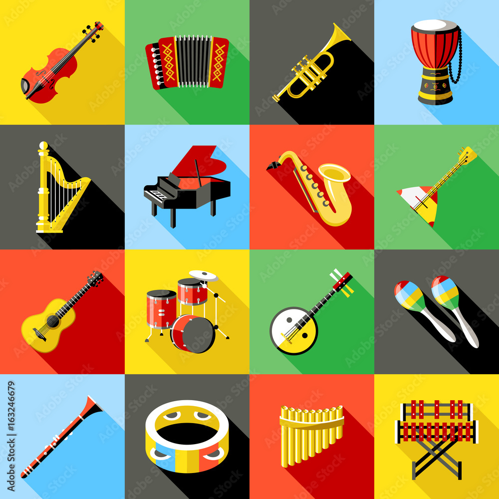 Digital vector green music instruments icons with drawn simple line art ...