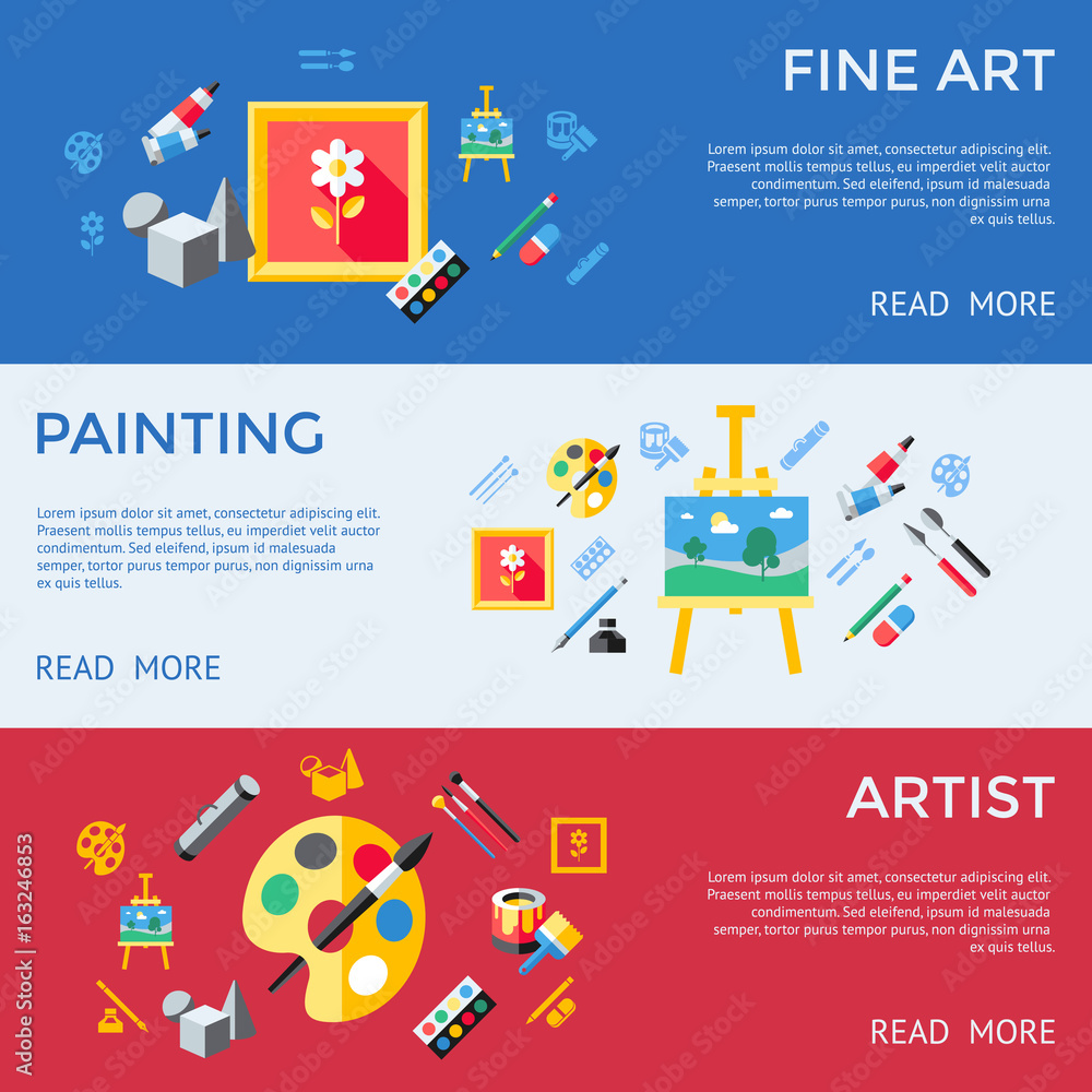 Digital vector blue red artist icons set with drawn simple line art ...