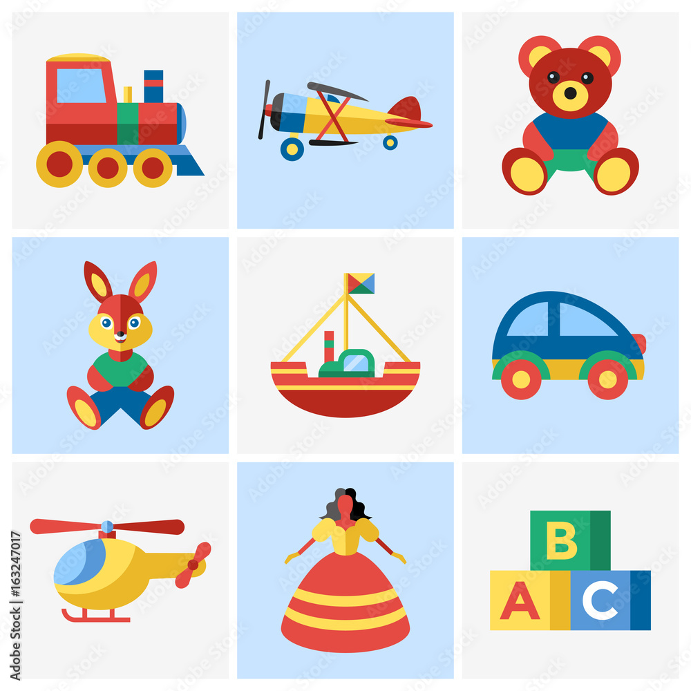 Digital vector blue yellow children toys icons with drawn simple line ...