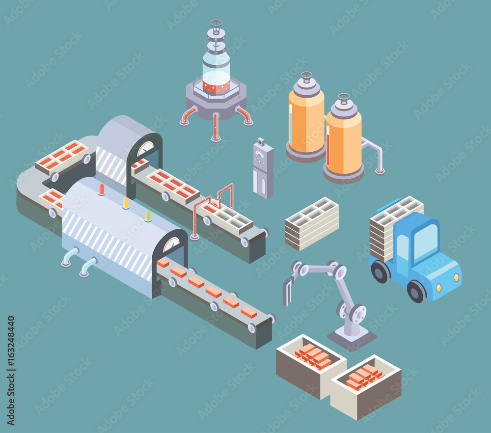 Automated production line. Factory floor with conveyor and various ...