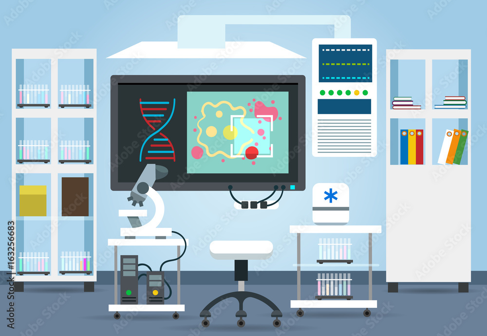 Biological research lab interior vector illustration. Science ...