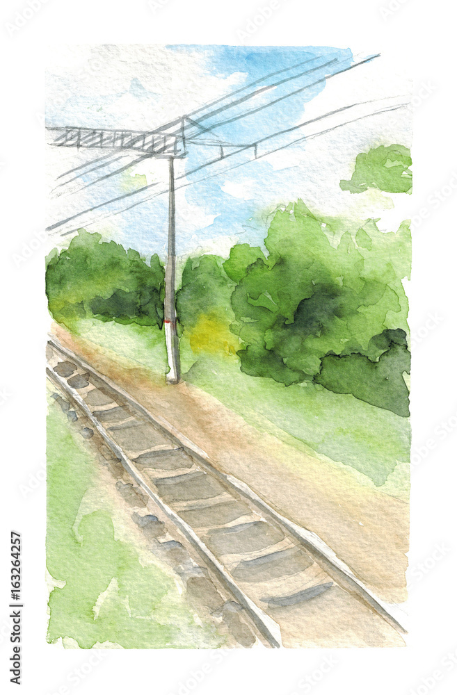 Watercolor hand drawn sketch illustration of Landscape with a railway ...