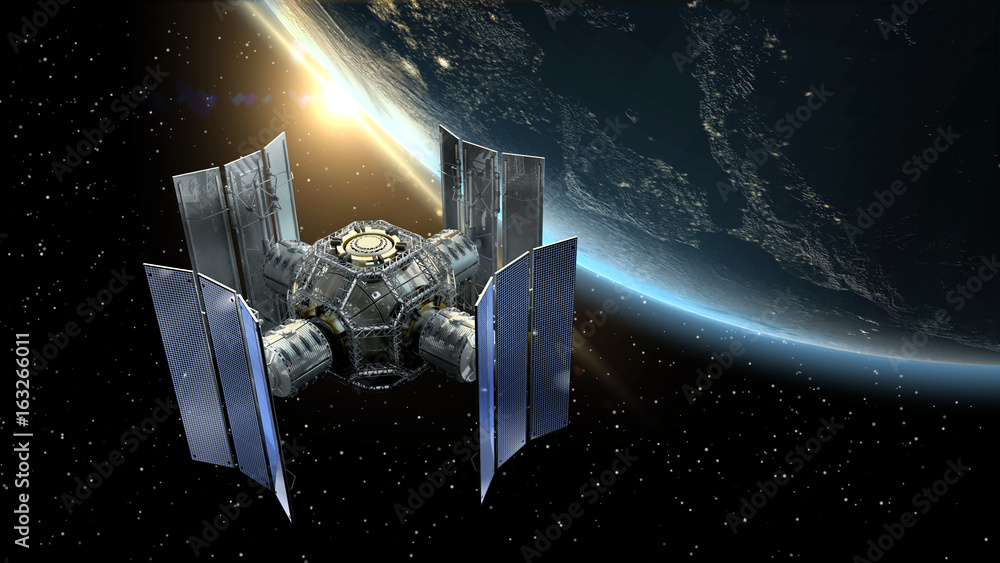 3D Illustration of a space station satellite flying over Earth with ...