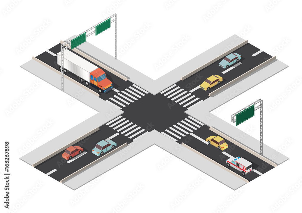 Isomertic city intersection road markings vector illustration. Stock ...