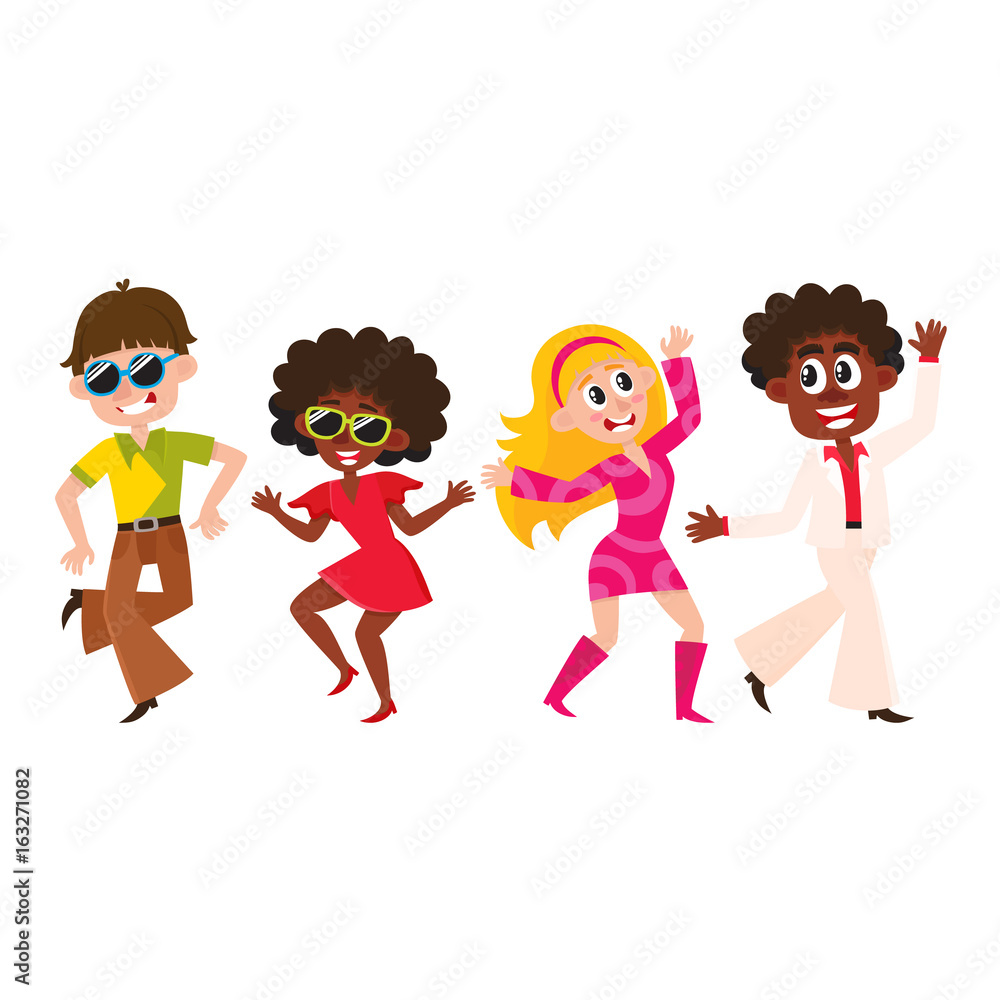 Set of retro disco dancers, black and Caucasian boys and girls, men and ...