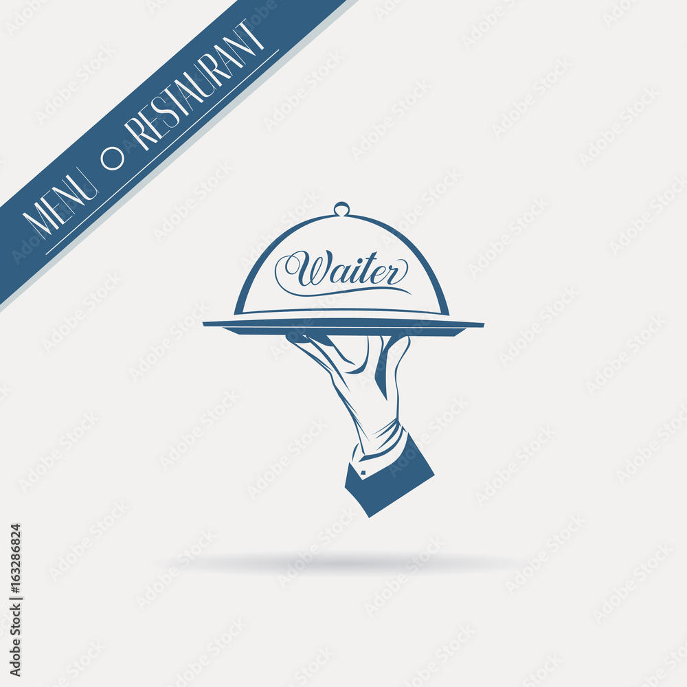 Waiter hand in glove holds a tray with sign Waiter over white ...