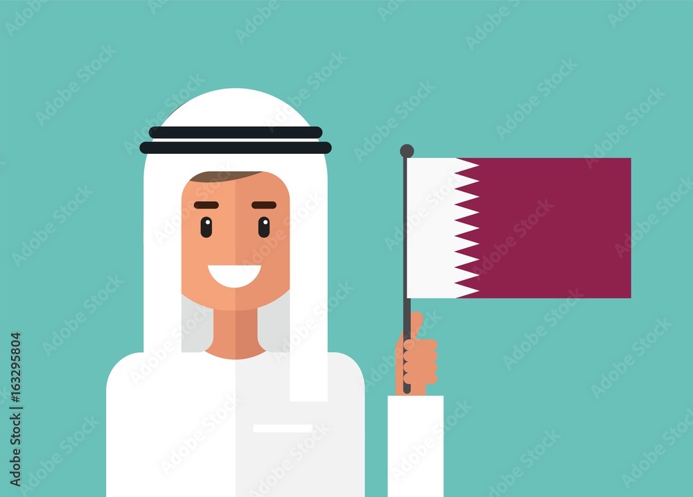 Qatari man holding Qatar national flag. Vector flat illustration ...