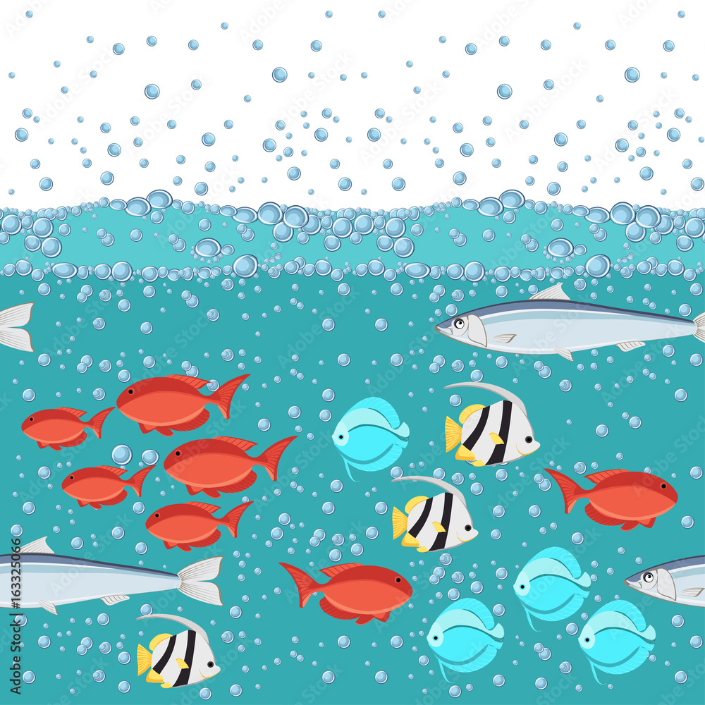 Cartoon style fish in the ocean with water bubbles 2d seamless pattern ...