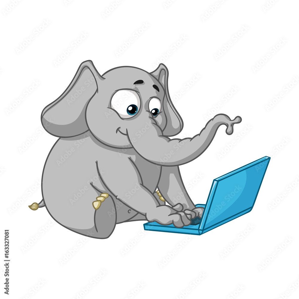 Elephant. Character. Sits at the computer. Work on the Internet ...