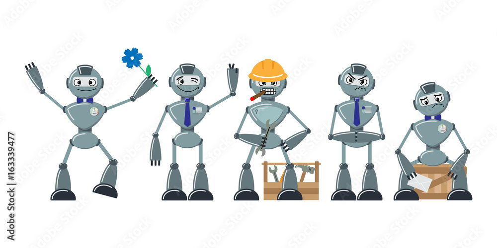 Set of flat cartoon robots. The same style personage in different poses ...