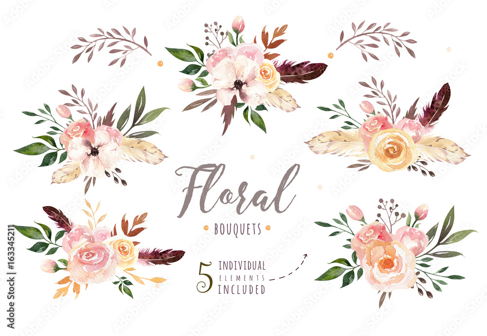 Hand drawing isolated boho watercolor floral illustration with leaves ...