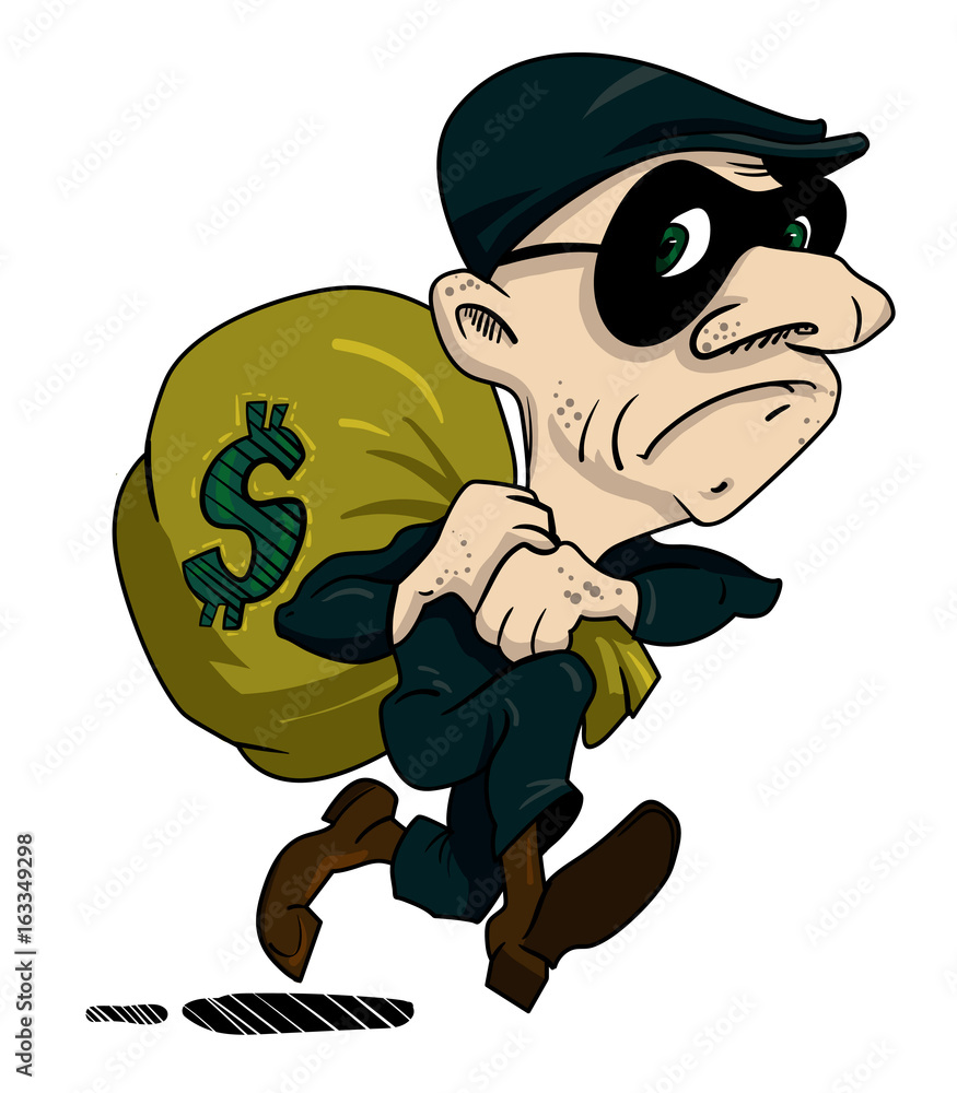 Cartoon image of burglar with loot bag. An artistic freehand picture ...