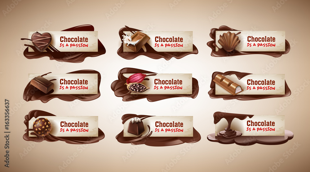Set of vector illustrations, banners with chocolate sweets, chocolate ...