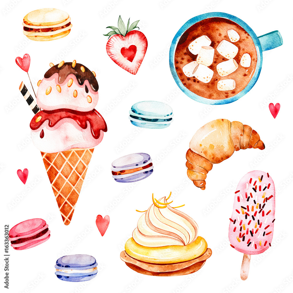 Watercolor sweets collection with ice cream,cupcake,croissant,bouquet ...