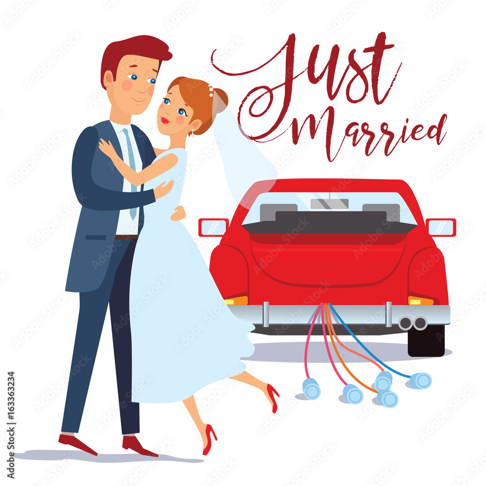 Just Married Happy Couple Bride And Groom Hugging Each Other Wedding