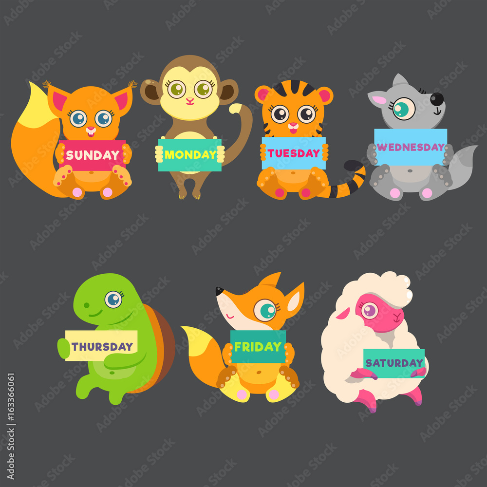DAYS OF THE WEEK. Animals hold signs with days of the week Stock Photo ...