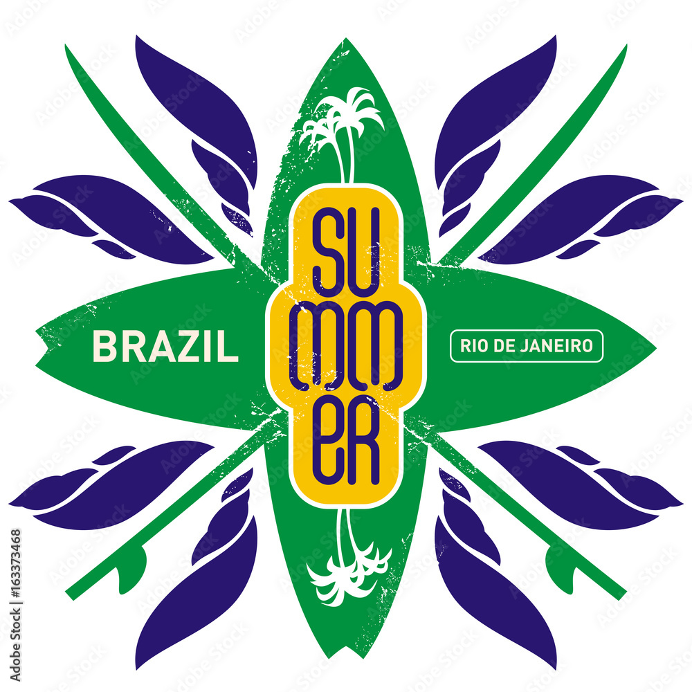 Surfing label with surfboard, palms and waves. Logo, badge, banner or ...