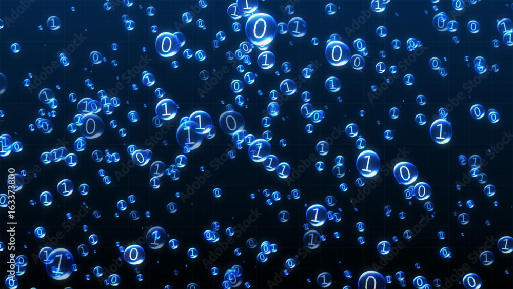 The binary code inside the bubbles rises. Blue interface, 3d ...