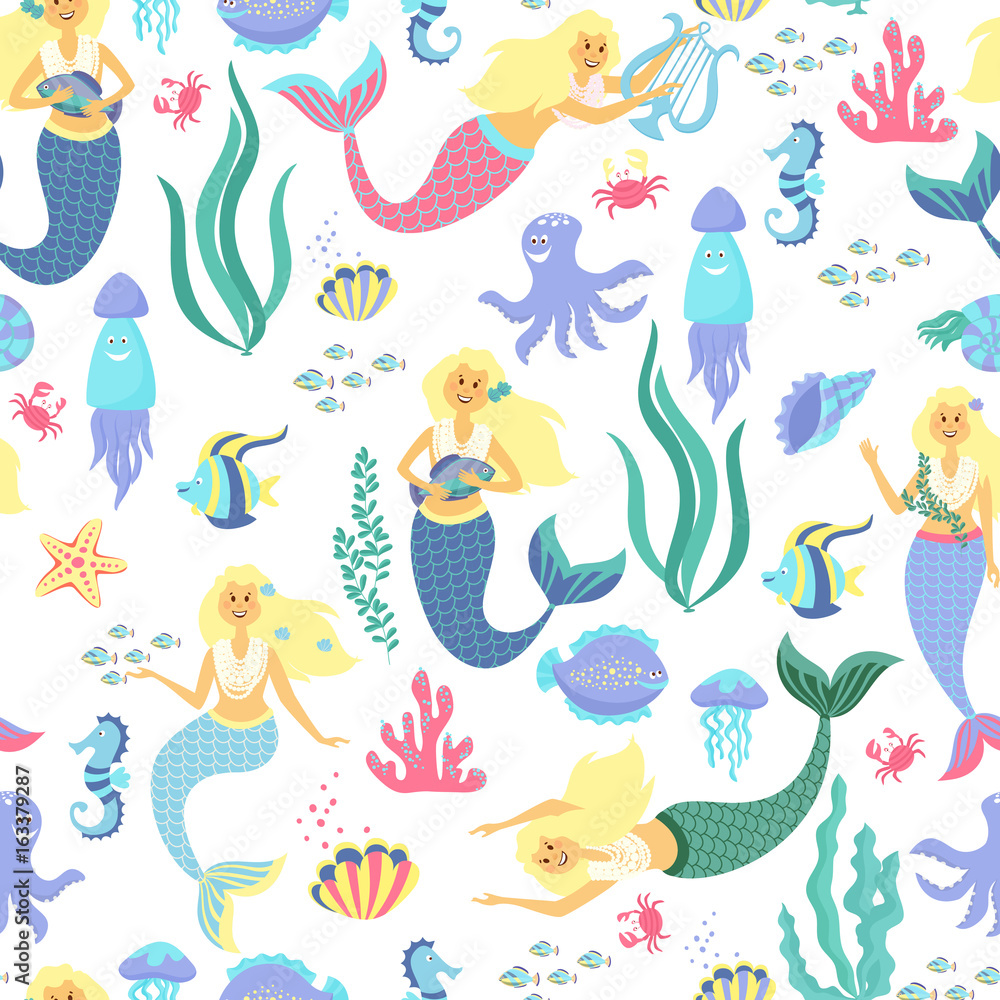 Cartoon mermaid seamless pattern on transparent background. Vector ...