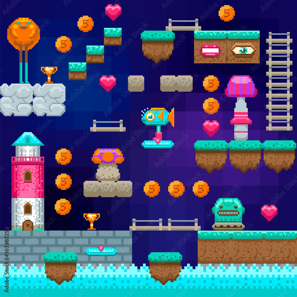 Pixel game interface. Pixel art. Video arcade game elements. Vector ...