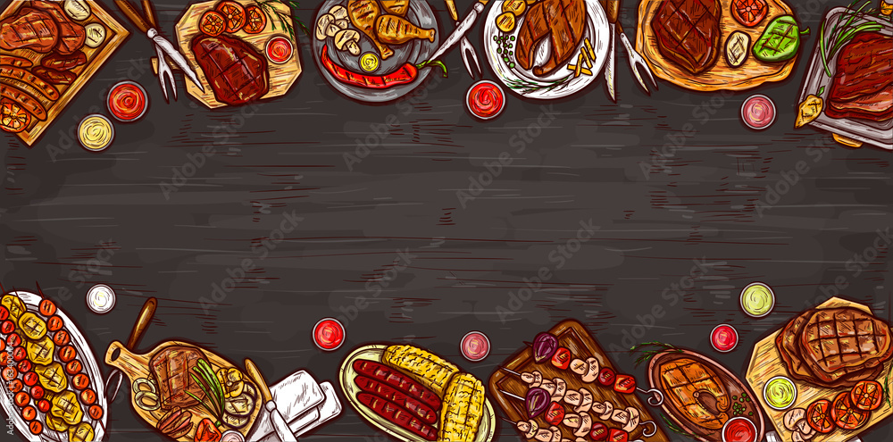Vector illustration, culinary banner, barbecue background with grilled ...