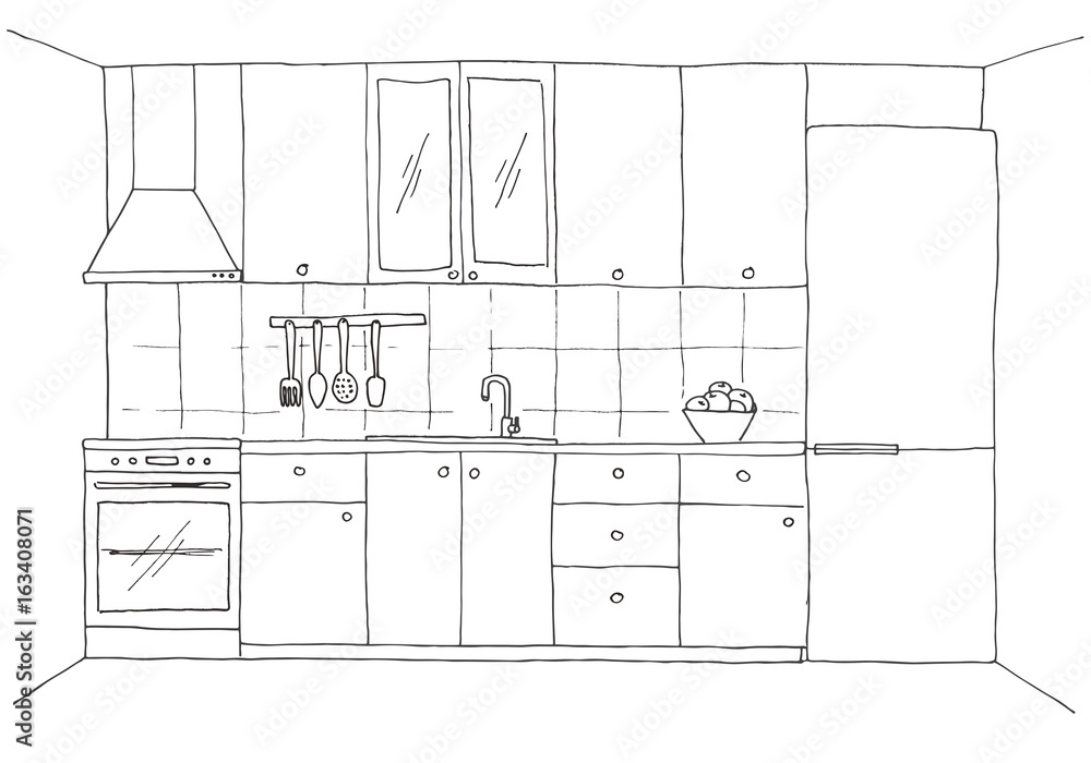 Hand drawn kitchen furniture. Vector illustration in sketch style Stock ...