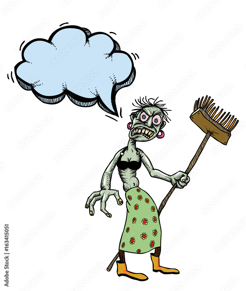 Cartoon image of undead monster lady cleaning. An artistic freehand ...