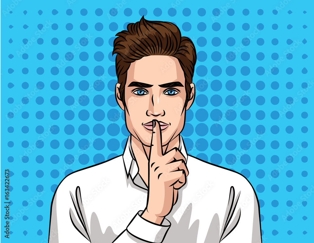 Young handsome guy European type holding a finger to his mouth. Face of ...